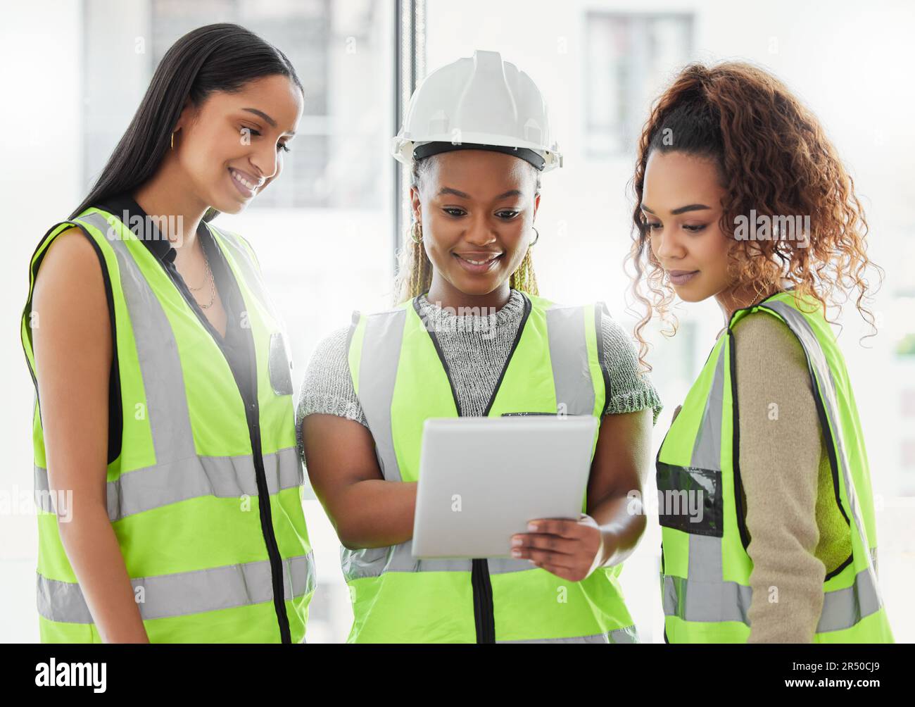 Architecture, tablet and people planning, teamwork and building ...