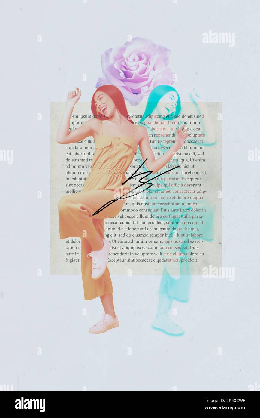 Vertical collage image of overjoyed excited girl dancing book paper ...