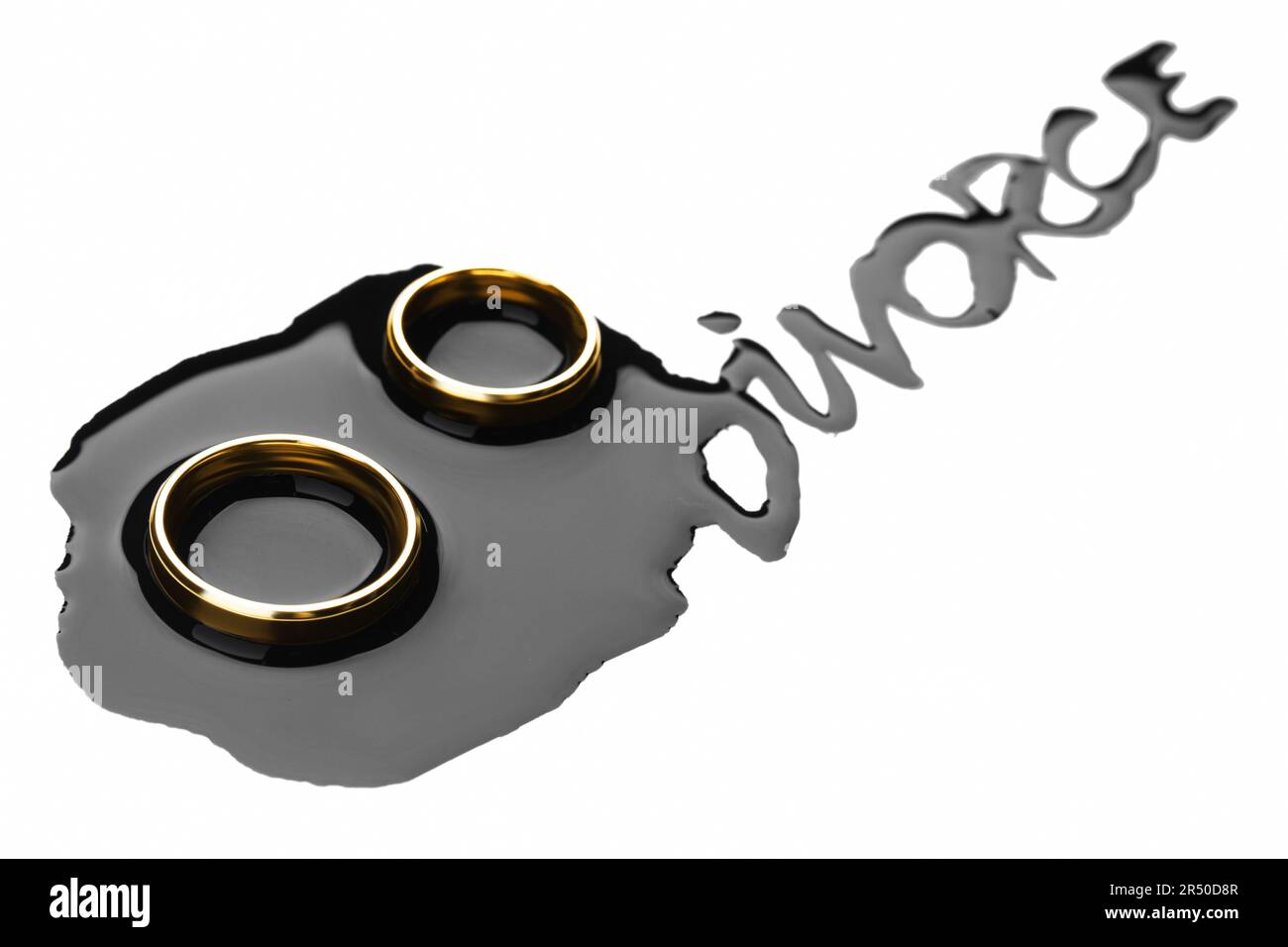 Wedding rings and word Divorce written with black ink on white ...