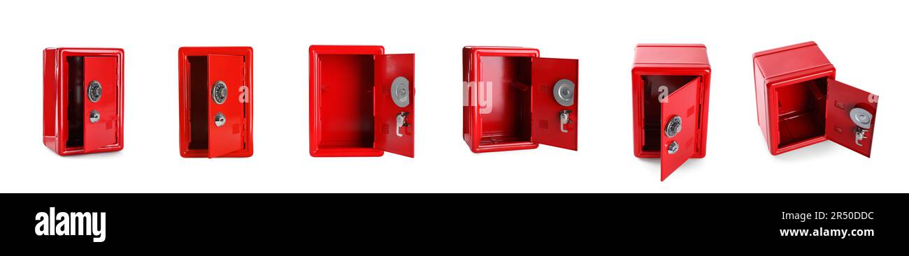 Open red steel safe on white background, view from different sides ...