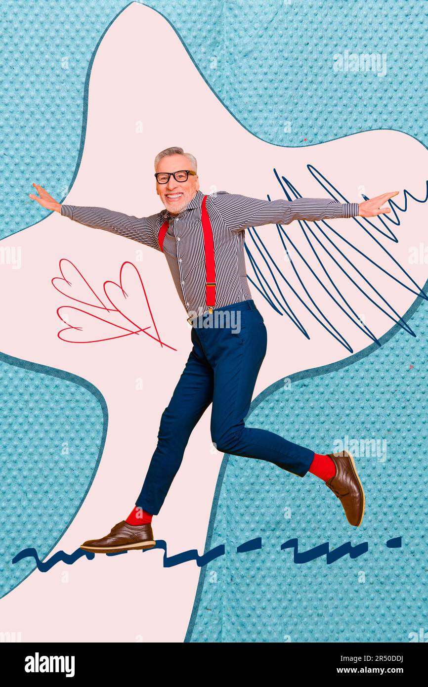 Creative illustration collage of retired man jumping flying hands wear ...