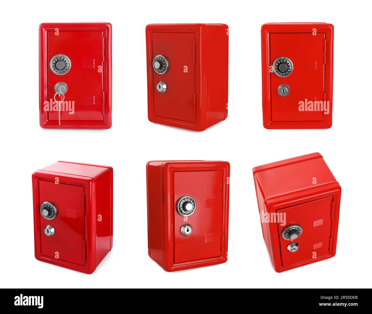 Closed red steel safe on white background, view from different sides ...