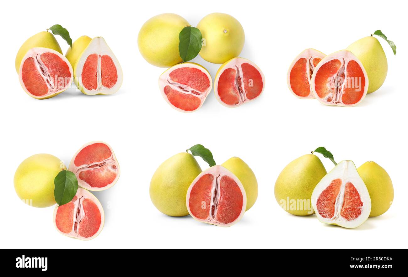 Collage with fresh pomelo fruits on white background Stock Photo - Alamy