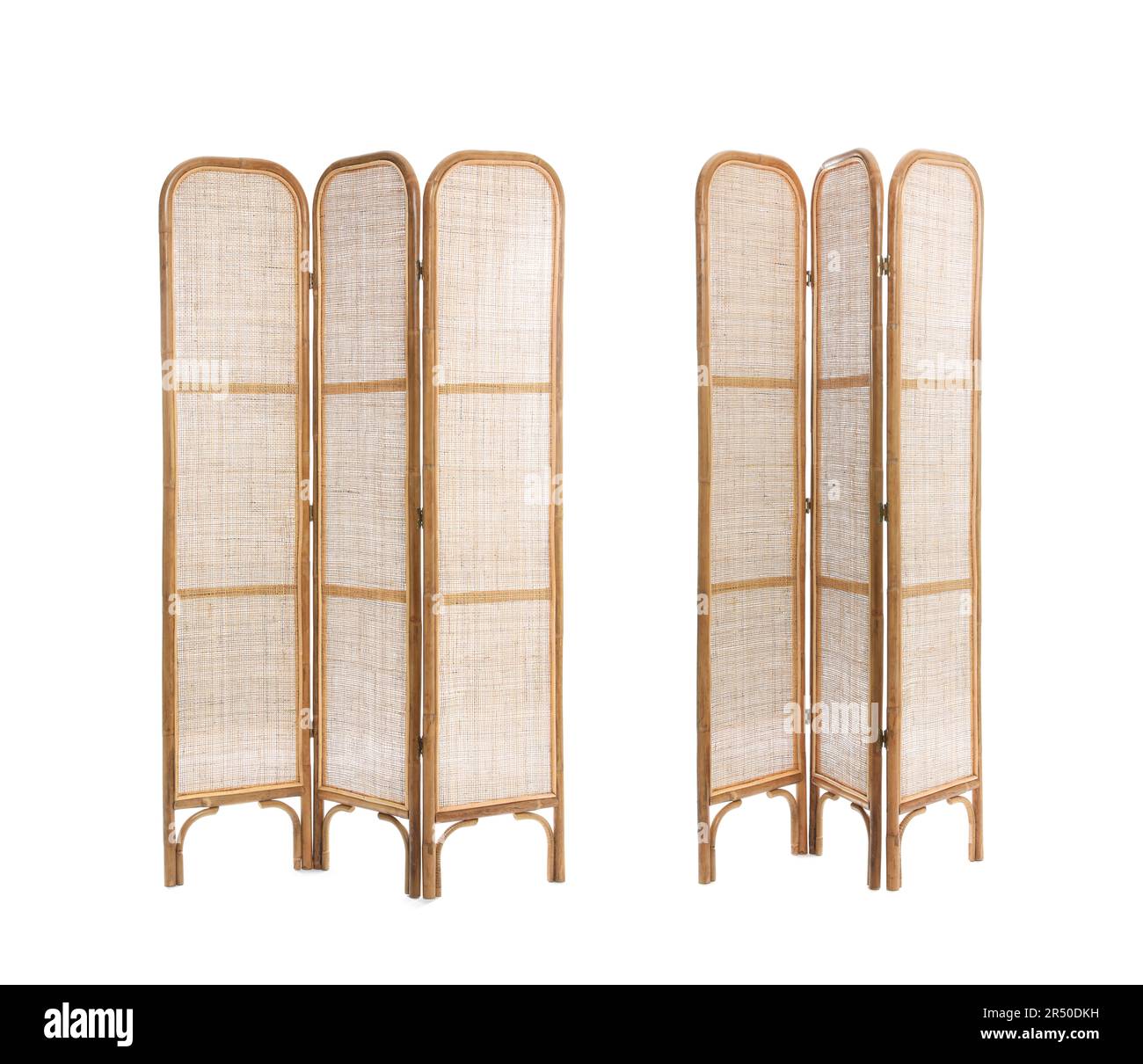 Set with photos of wooden room divider screen on white background Stock ...