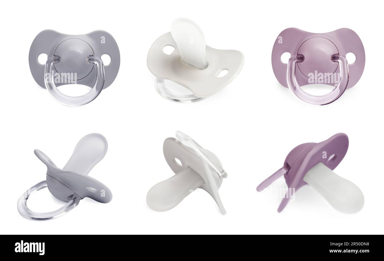 Collage of baby pacifiers on white background, views from different ...