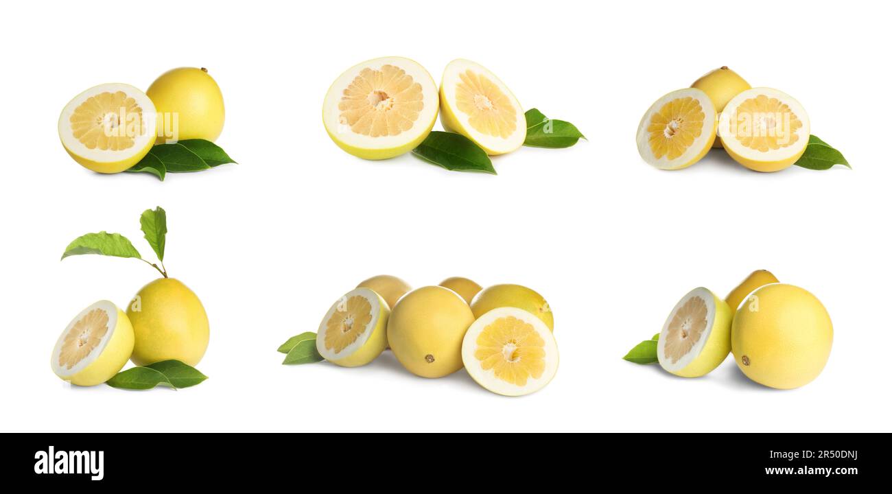 Collage with fresh pomelo fruits on white background Stock Photo - Alamy