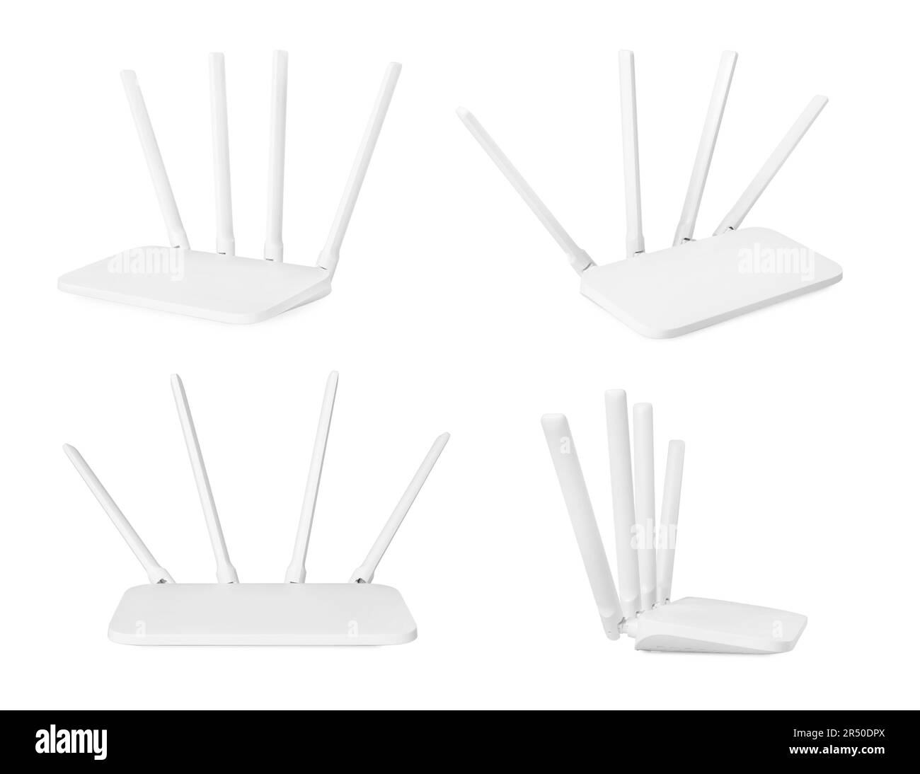 Modern Wi-Fi router on white background, view from different sides ...