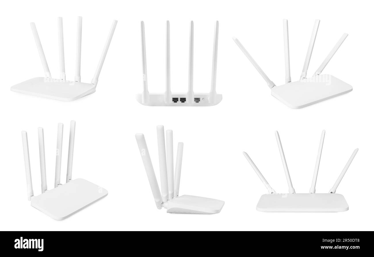 Modern Wi-Fi router on white background, view from different sides ...