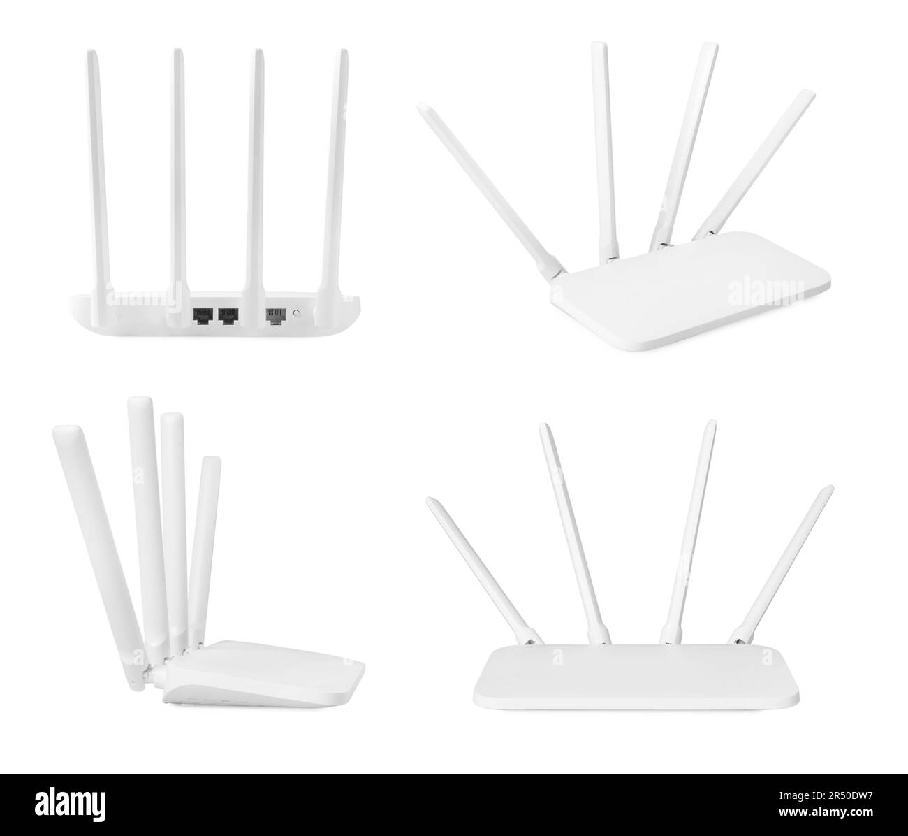 Modern Wi-Fi router on white background, view from different sides ...