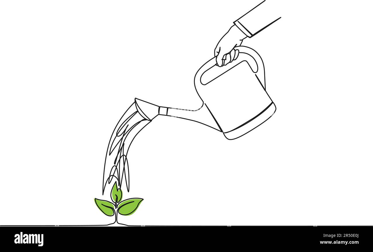 Continuous Single Line Drawing Of Person Watering Small Green Plant