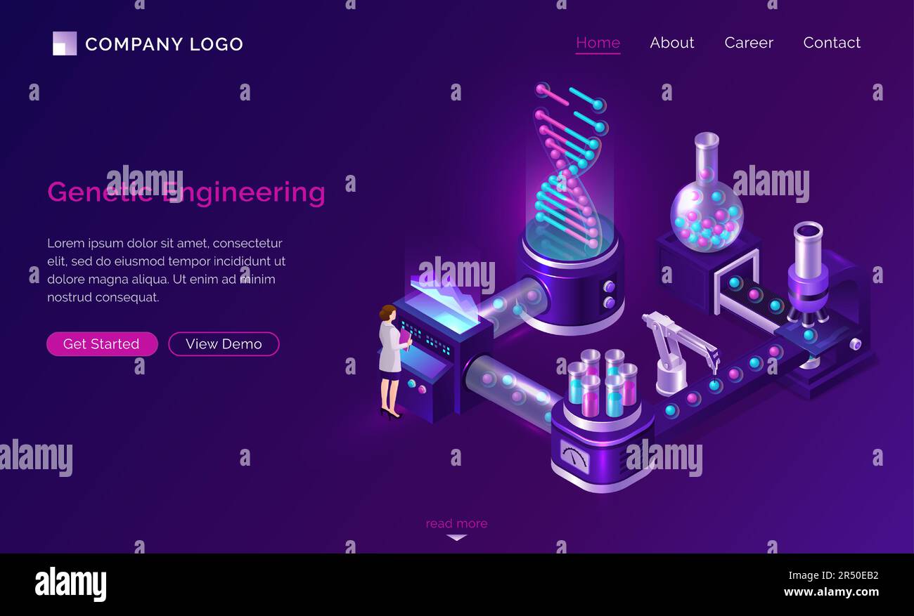 Genetic engineering isometric landing page, woman scientist in white robe with folder stand near ...