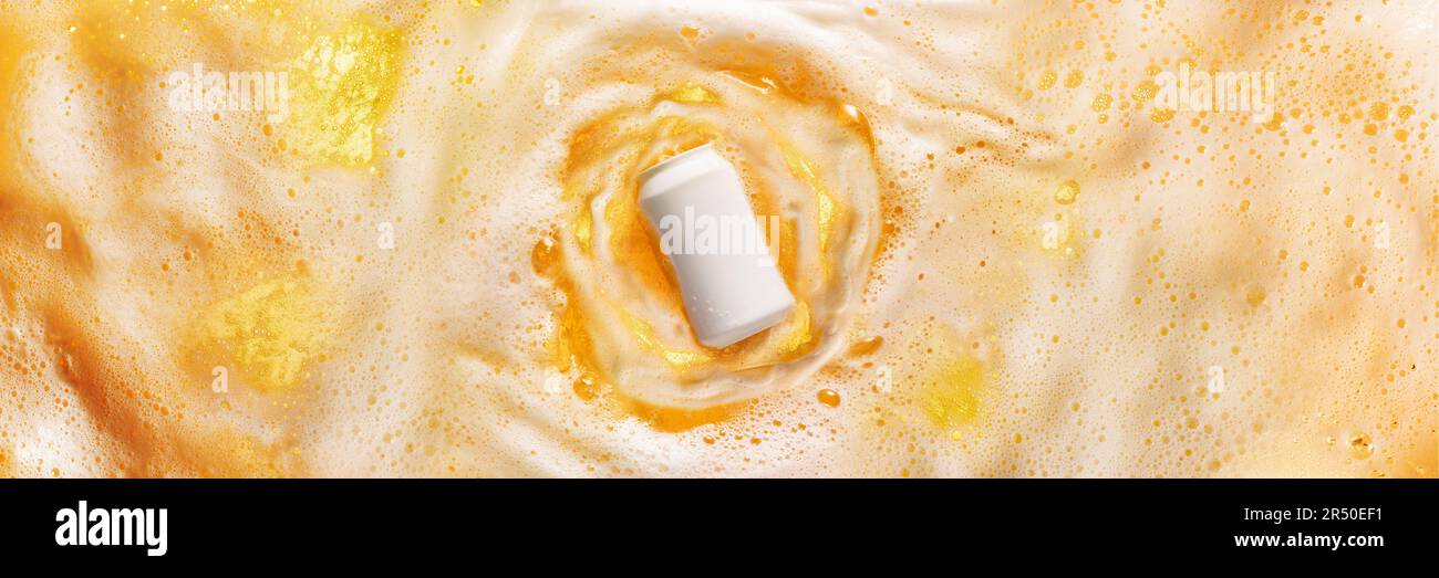 Can bottle of cool lager beer diving into foamy beer splashes. Chill ...
