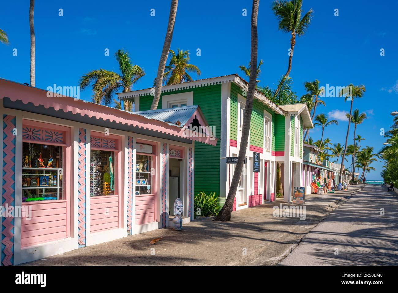 View of colourful shops on Bavaro Beach, Punta Cana, Dominican Republic ...
