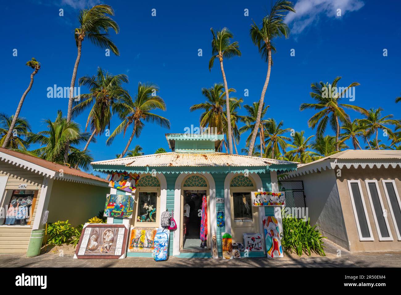 View of colourful shops on Bavaro Beach, Punta Cana, Dominican Republic ...