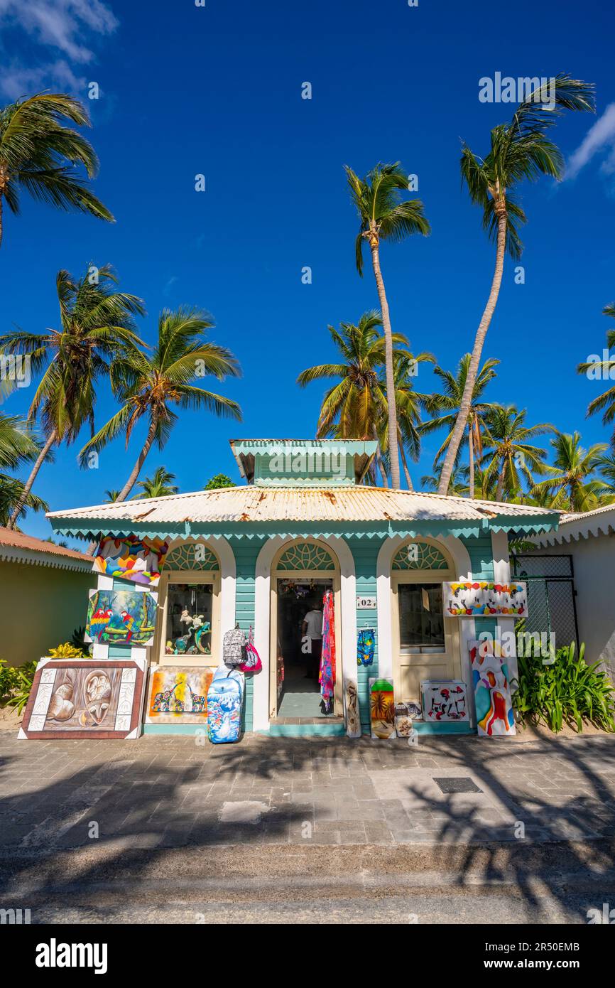 View of colourful shops on Bavaro Beach, Punta Cana, Dominican Republic ...