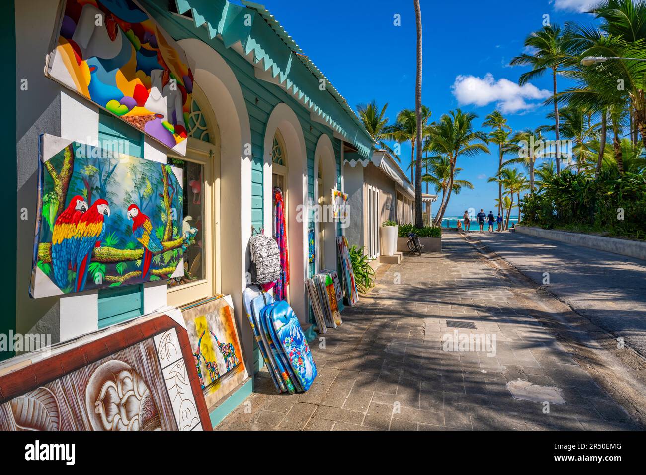View of colourful shops on Bavaro Beach, Punta Cana, Dominican Republic ...