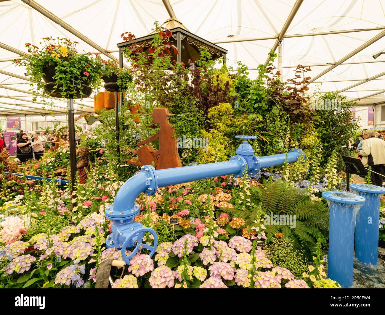 Garden displays inside the pavilion at Chelsea Flower Show 23 Stock ...