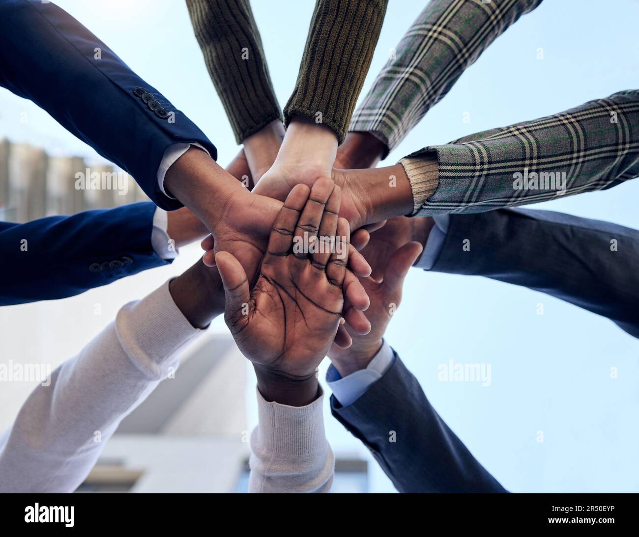 Group, hands and together in circle for celebration, collaboration or people in business ...