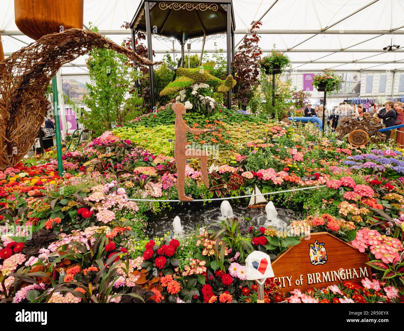 Garden displays inside the pavilion at Chelsea Flower Show 23 Stock ...