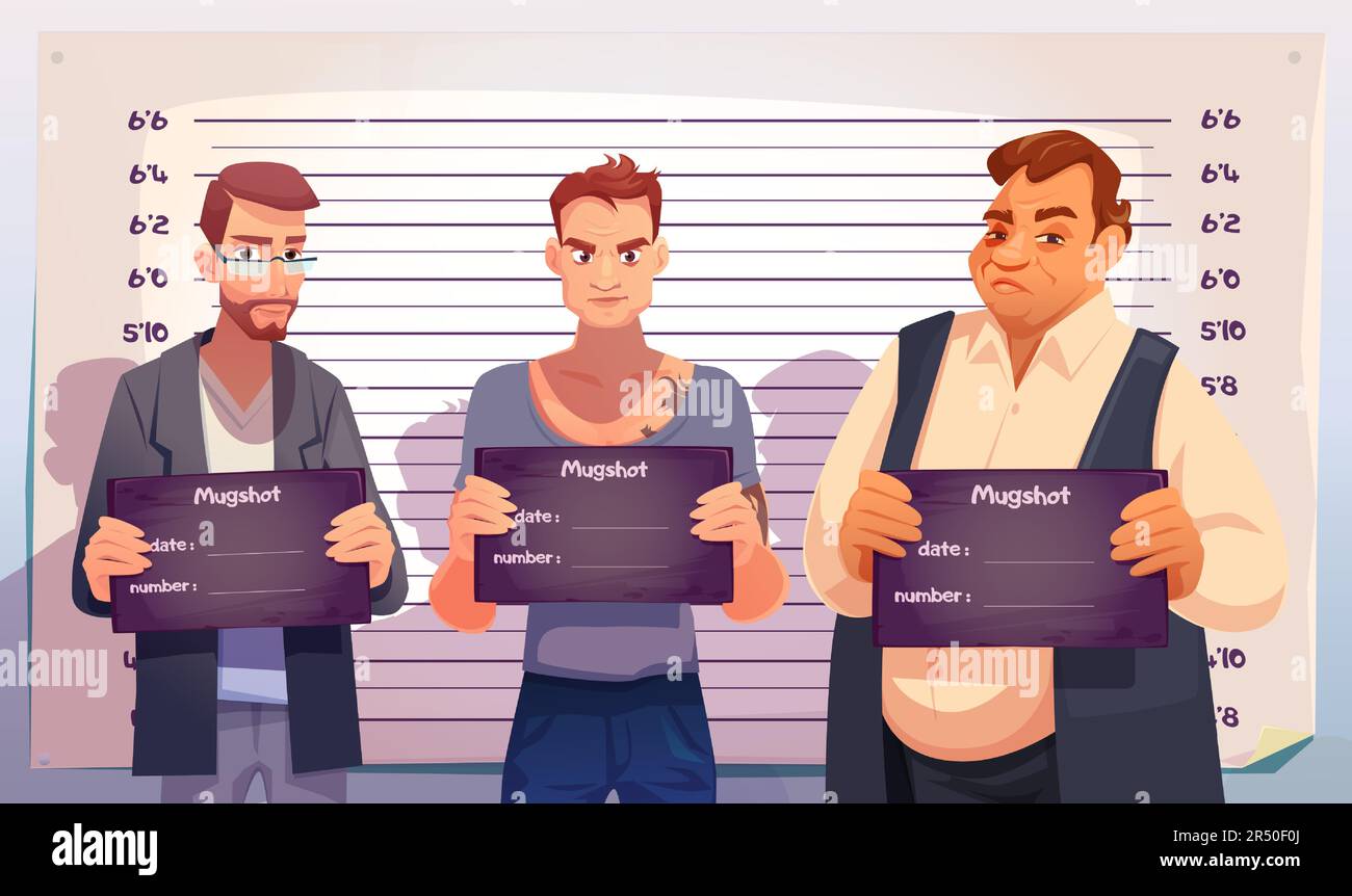Criminals With Mugshot Plates In Hands Stand On Measuring Height Scale