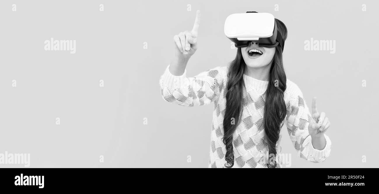 happy teen girl wear vr glasses using future technology for education ...