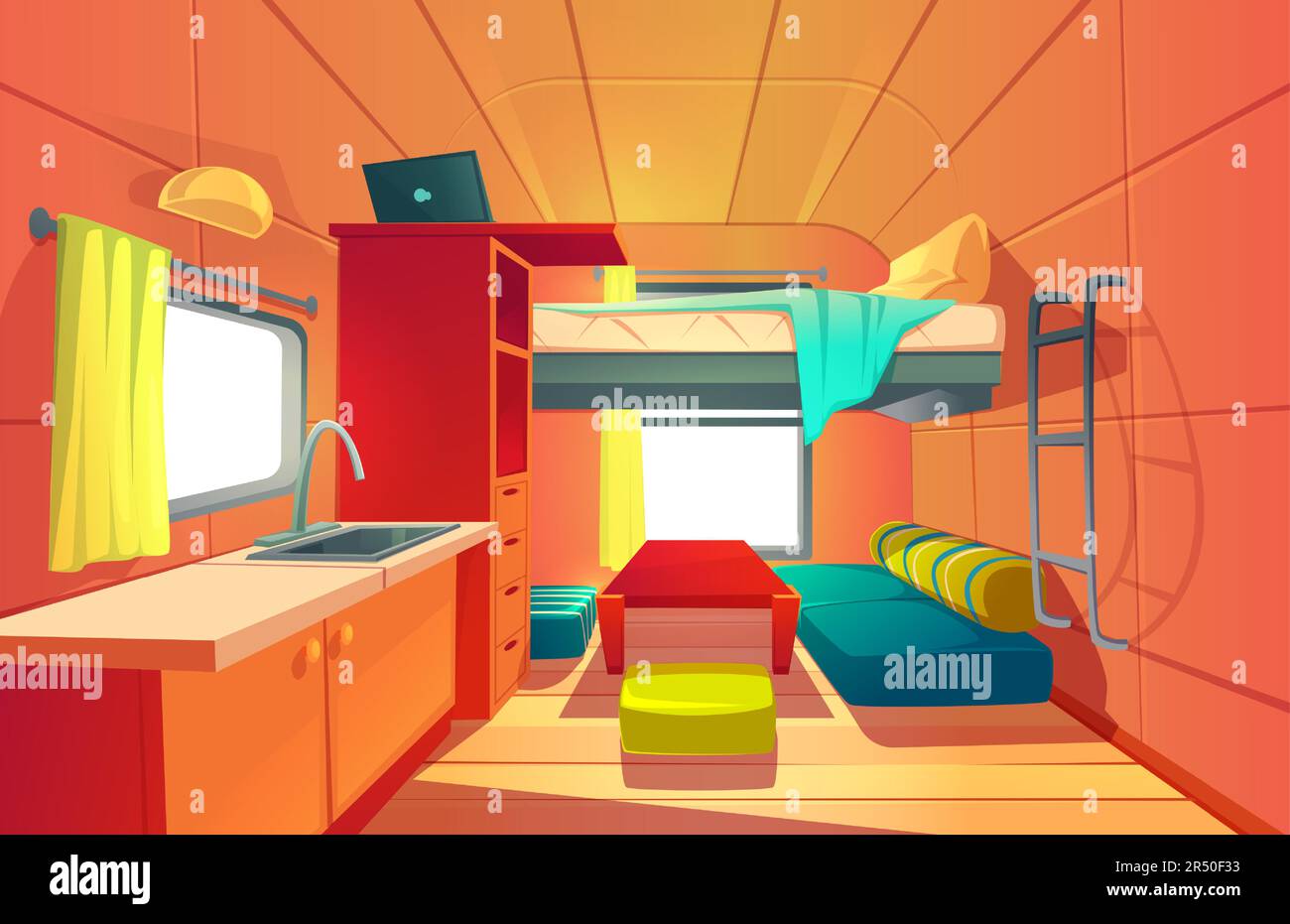 Camping trailer car interior with loft bed, couch, kitchen sink, desk ...