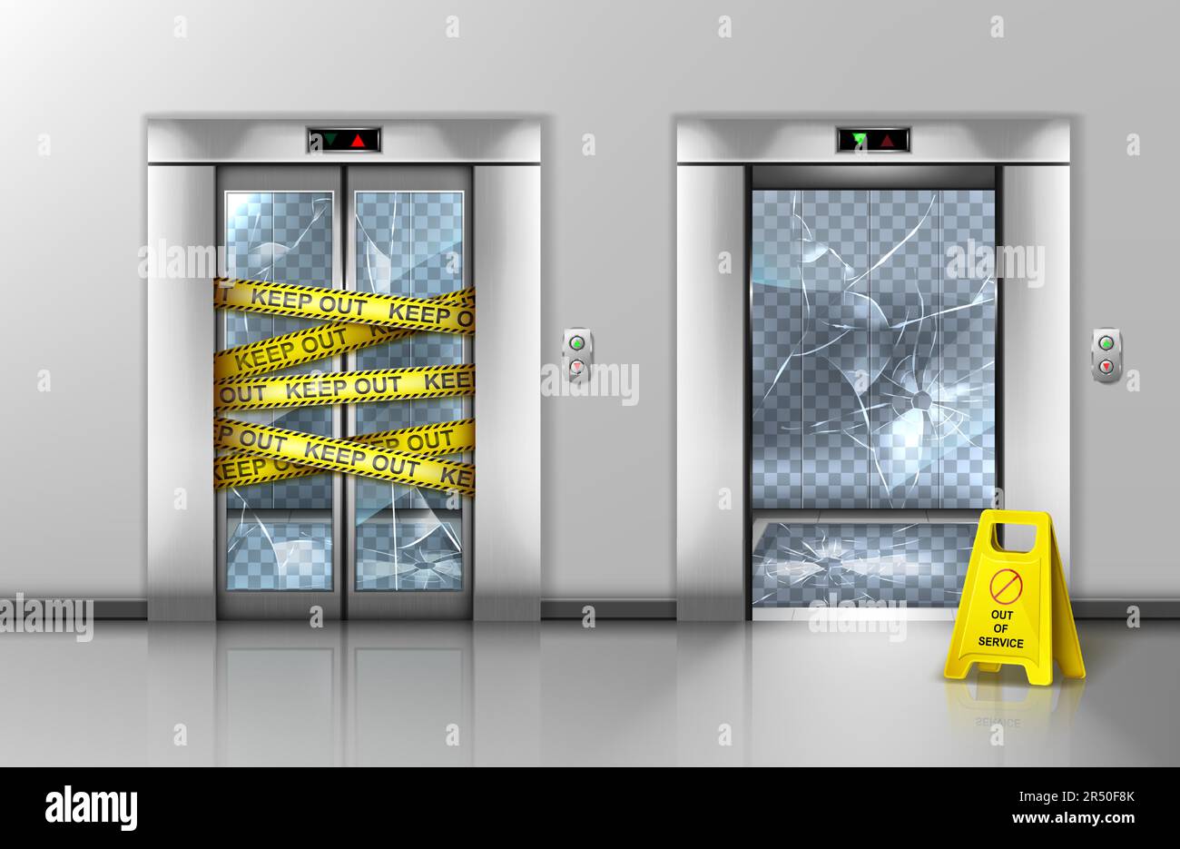Broken glass elevators closed for repair or maintenance. Passenger lift ...