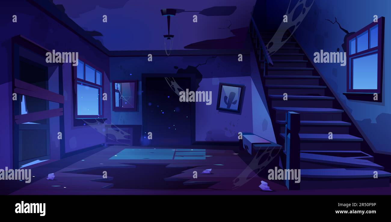 Old abandoned house with mess and broken furniture at night. Vector ...