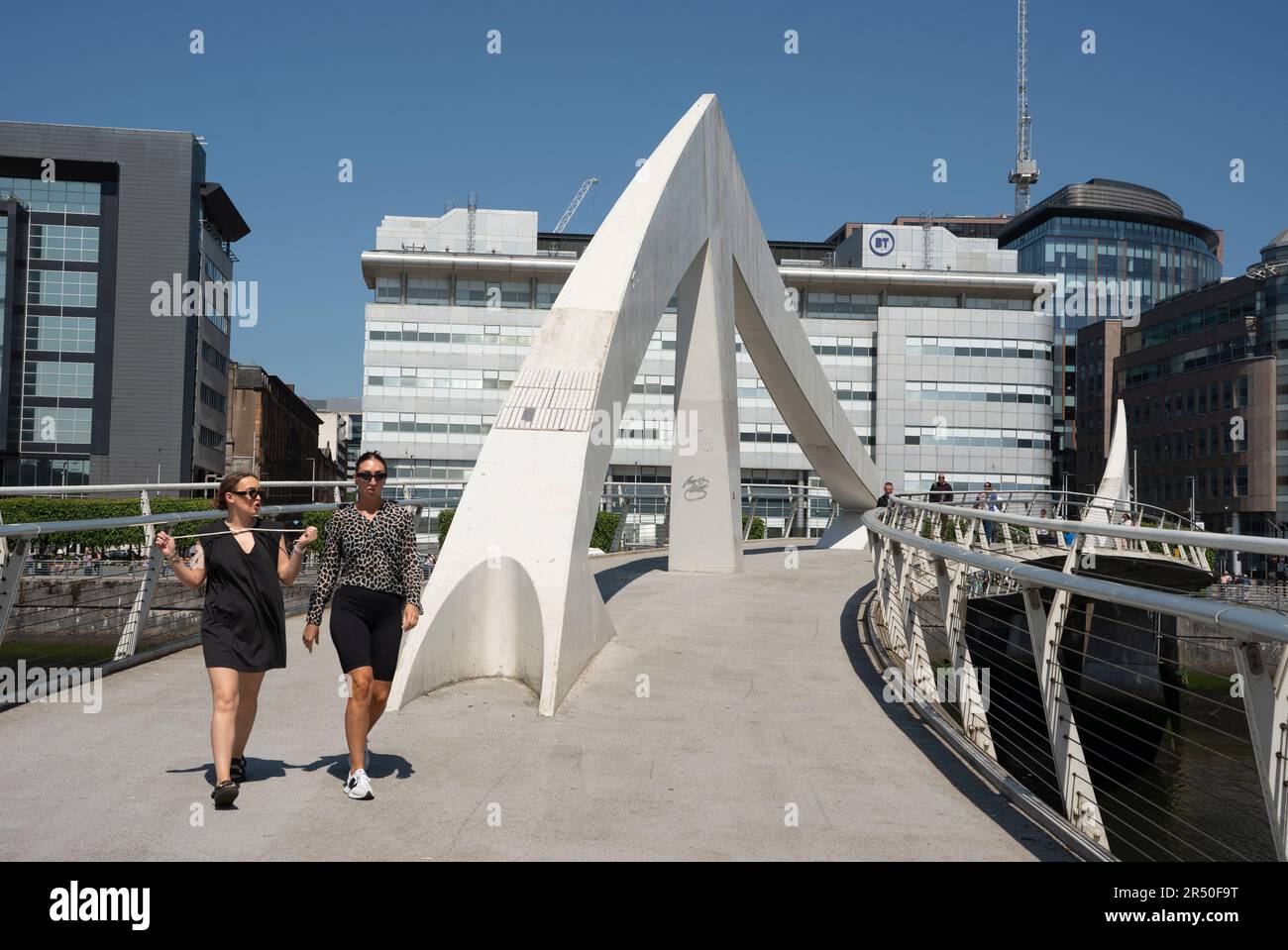 View of pedestrians crossing Tradeston Bridge or Squiggly bridge at ...