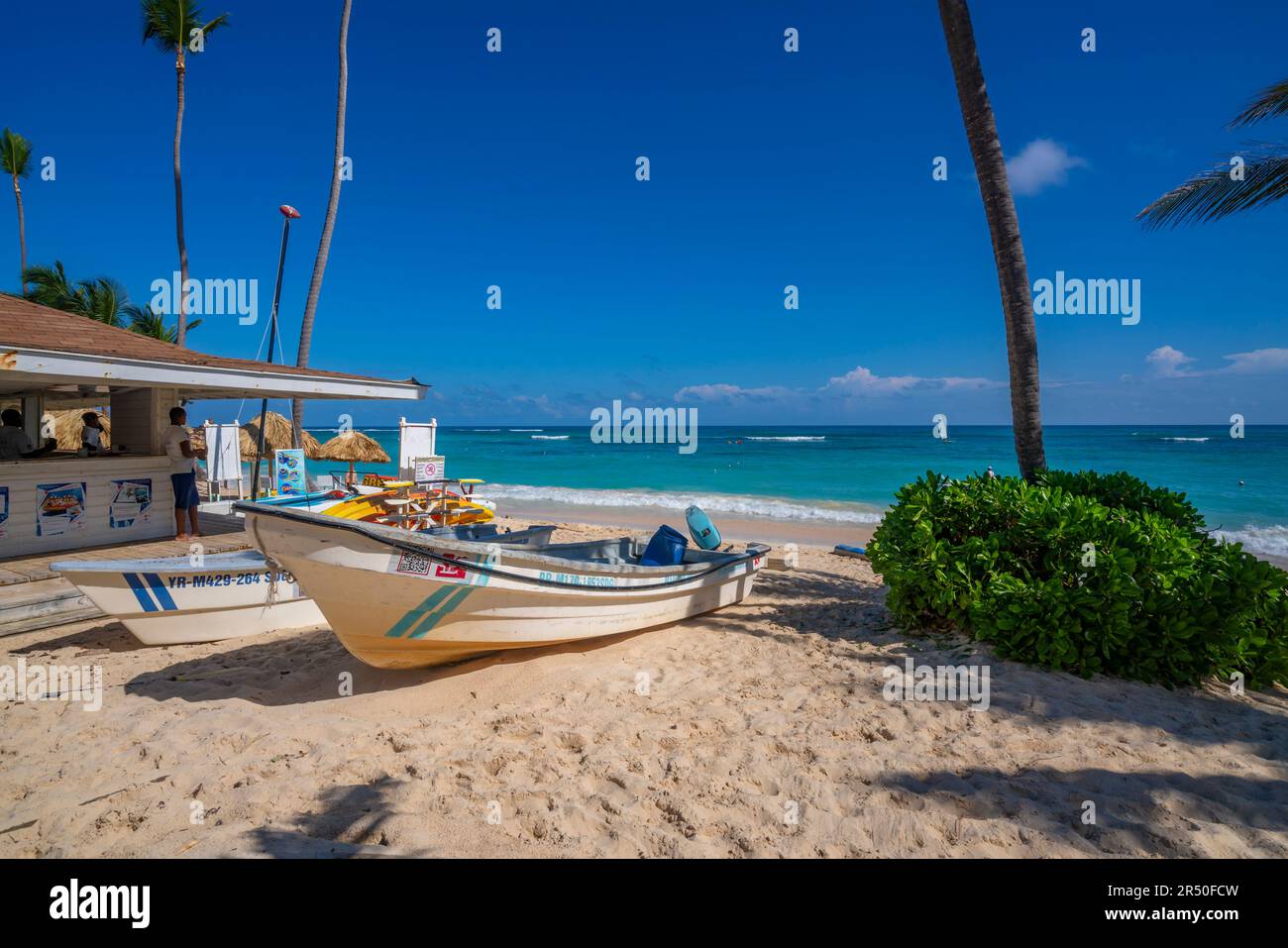 View of watersport shop on Bavaro Beach, Punta Cana, Dominican Republic, West Indies, Caribbean ...