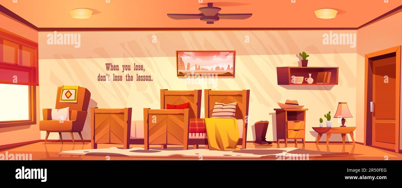 Wild west bedroom empty interior in western rustic style with wooden ...