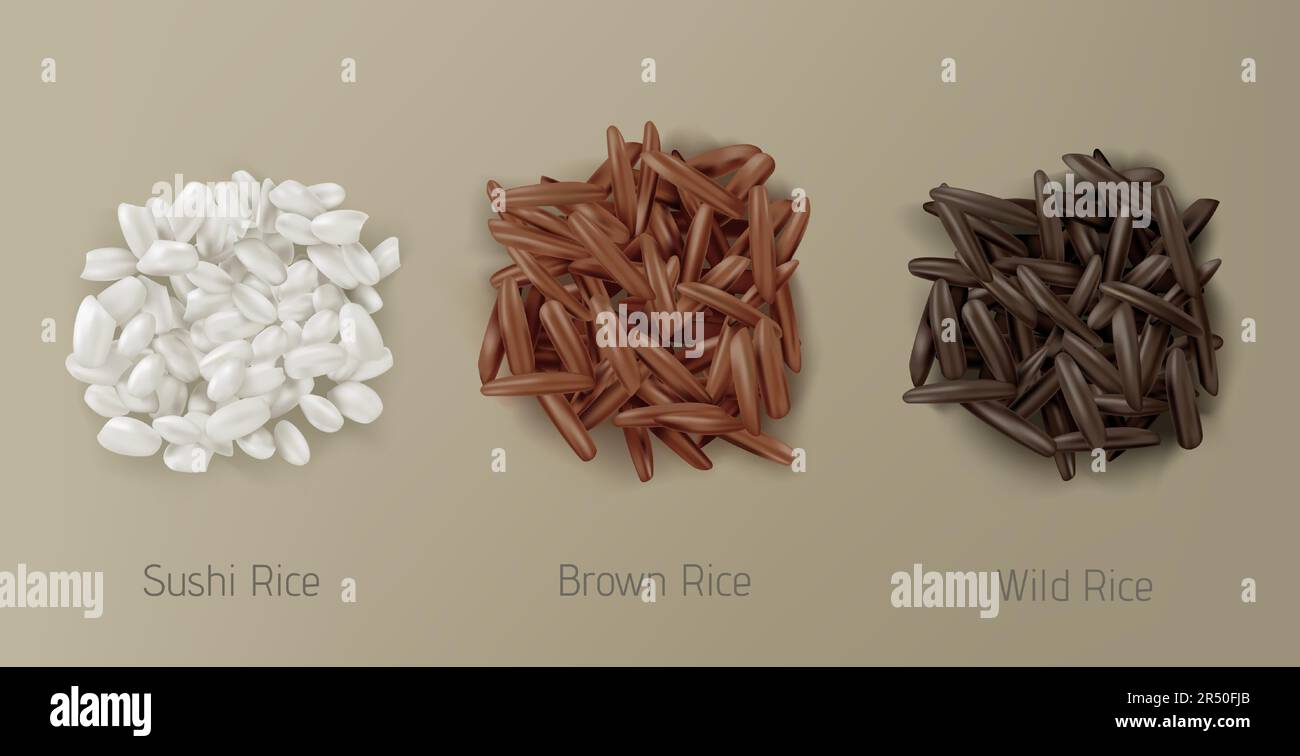 Rice sushi, brown and wild grain piles top view isolated on white ...