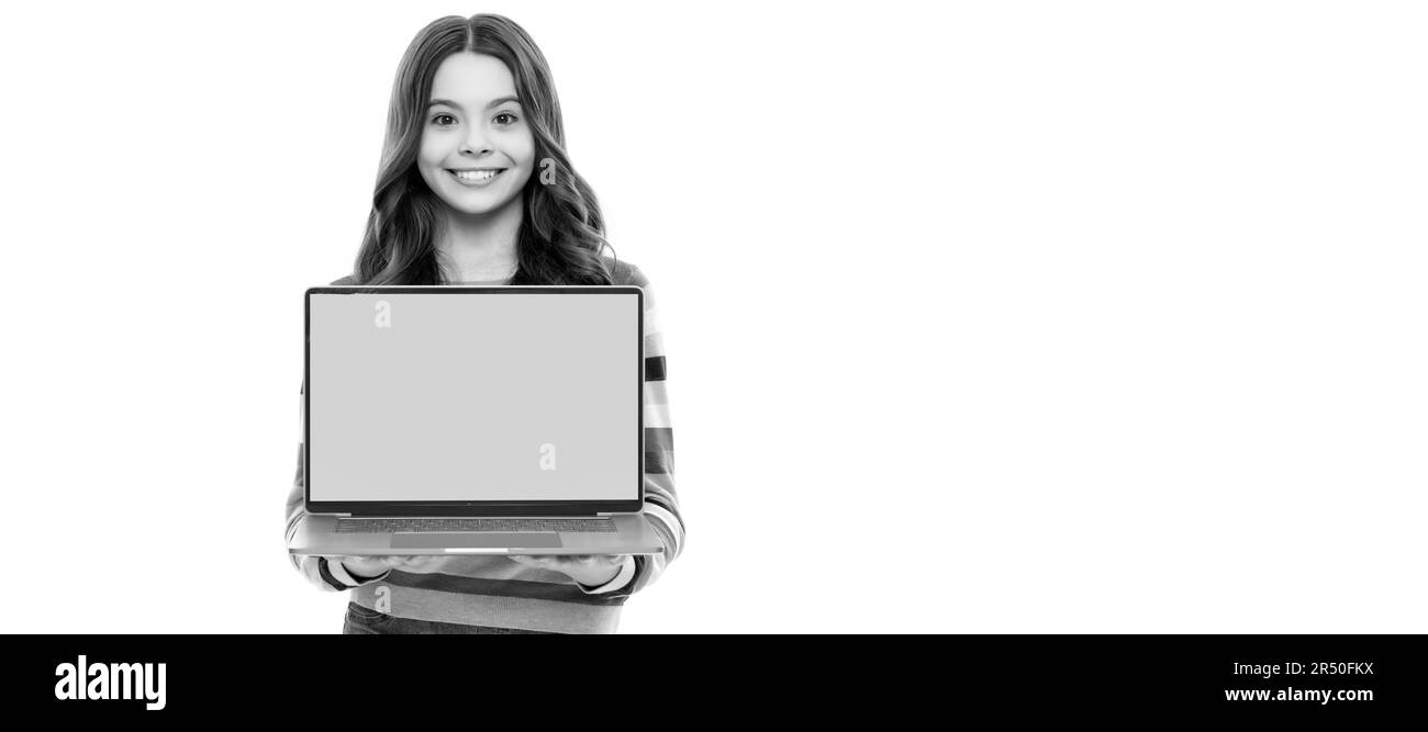 happy teen girl study online education making presentation on computer ...