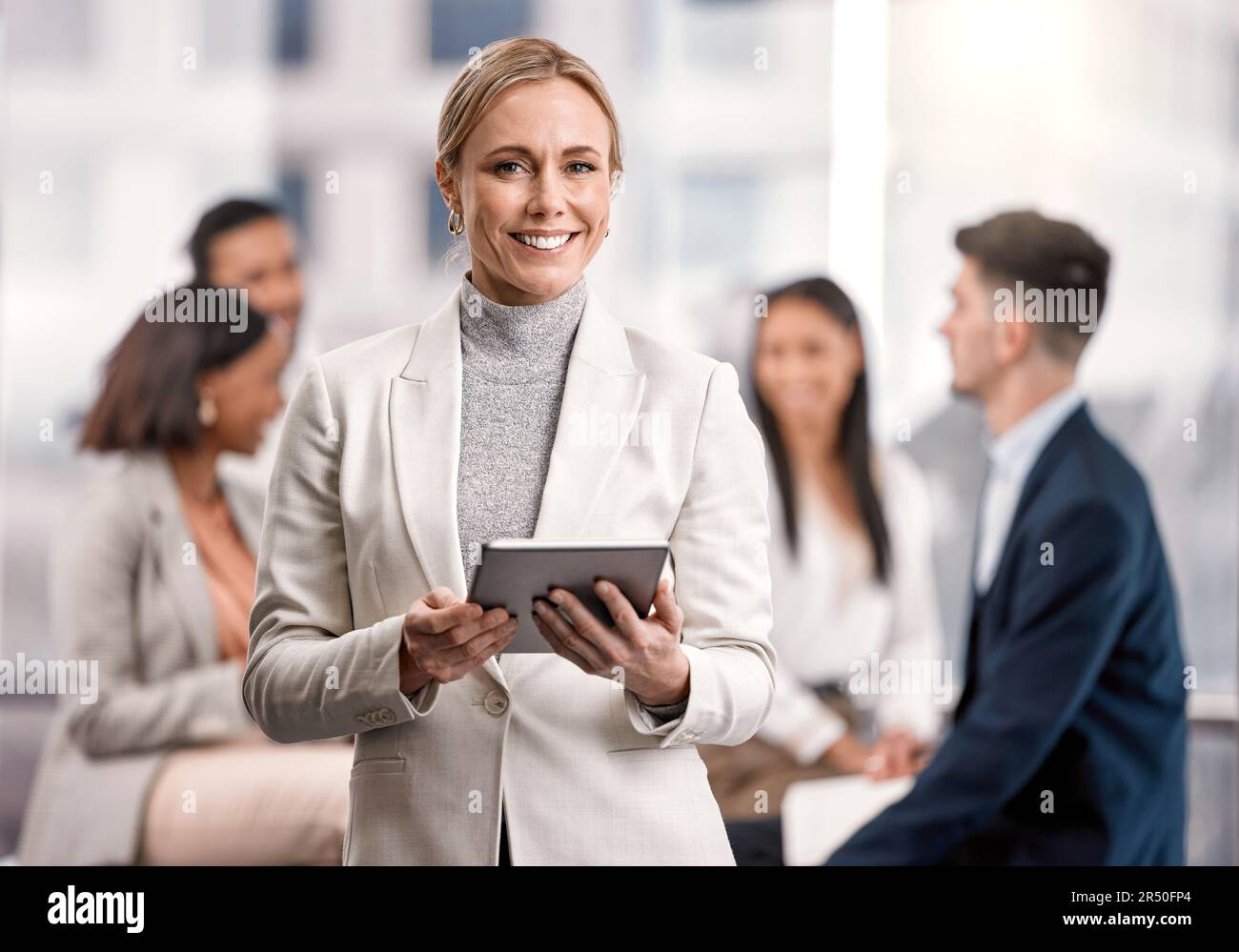 Leader, business woman and tablet outdoor with a smile for ...