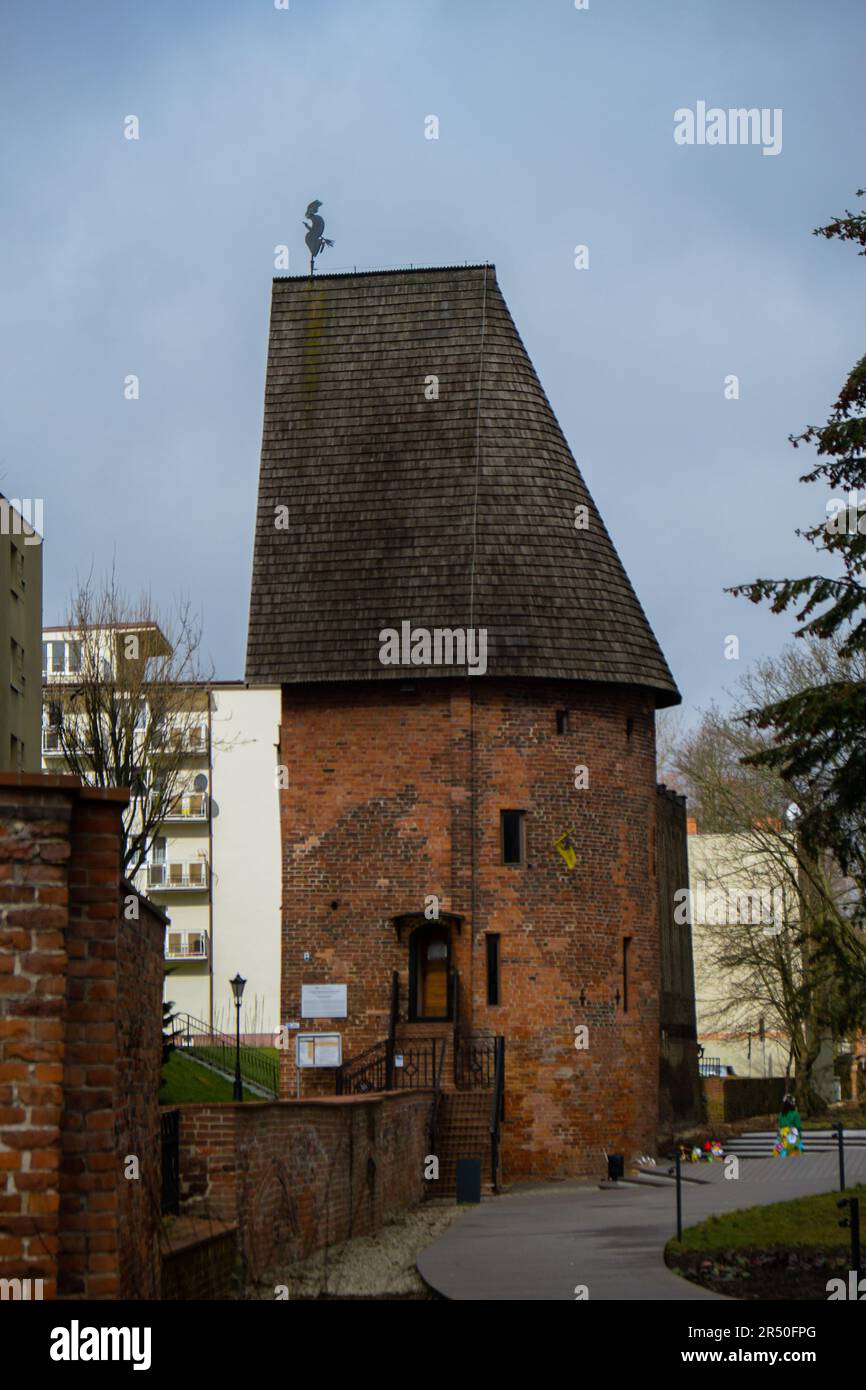 Round tower in the historic surrounding city wall of Slupsk, Poland ...