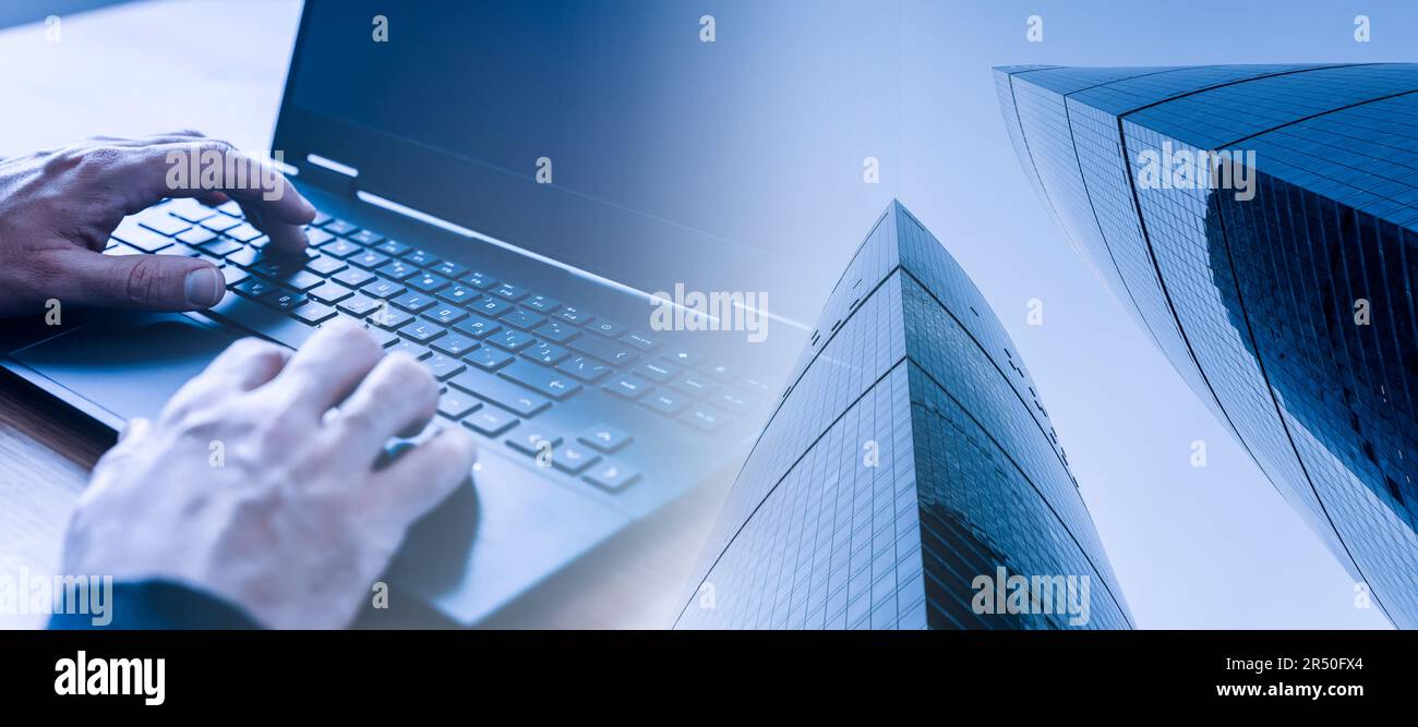 Business analysis platform banner background. Man and laptop on ...