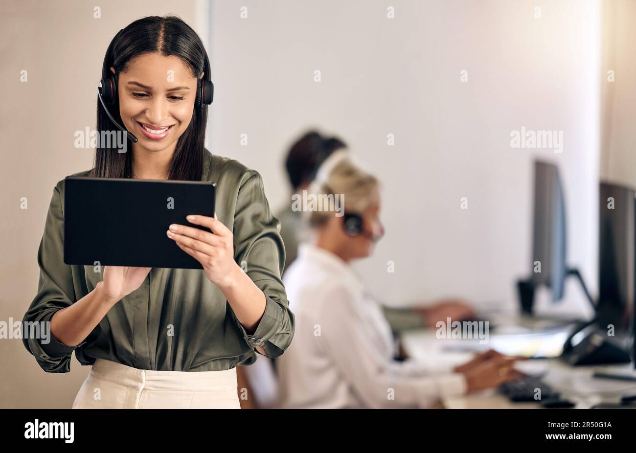 Call center, woman and manager with a tablet, telemarketing and connection with digital planning ...