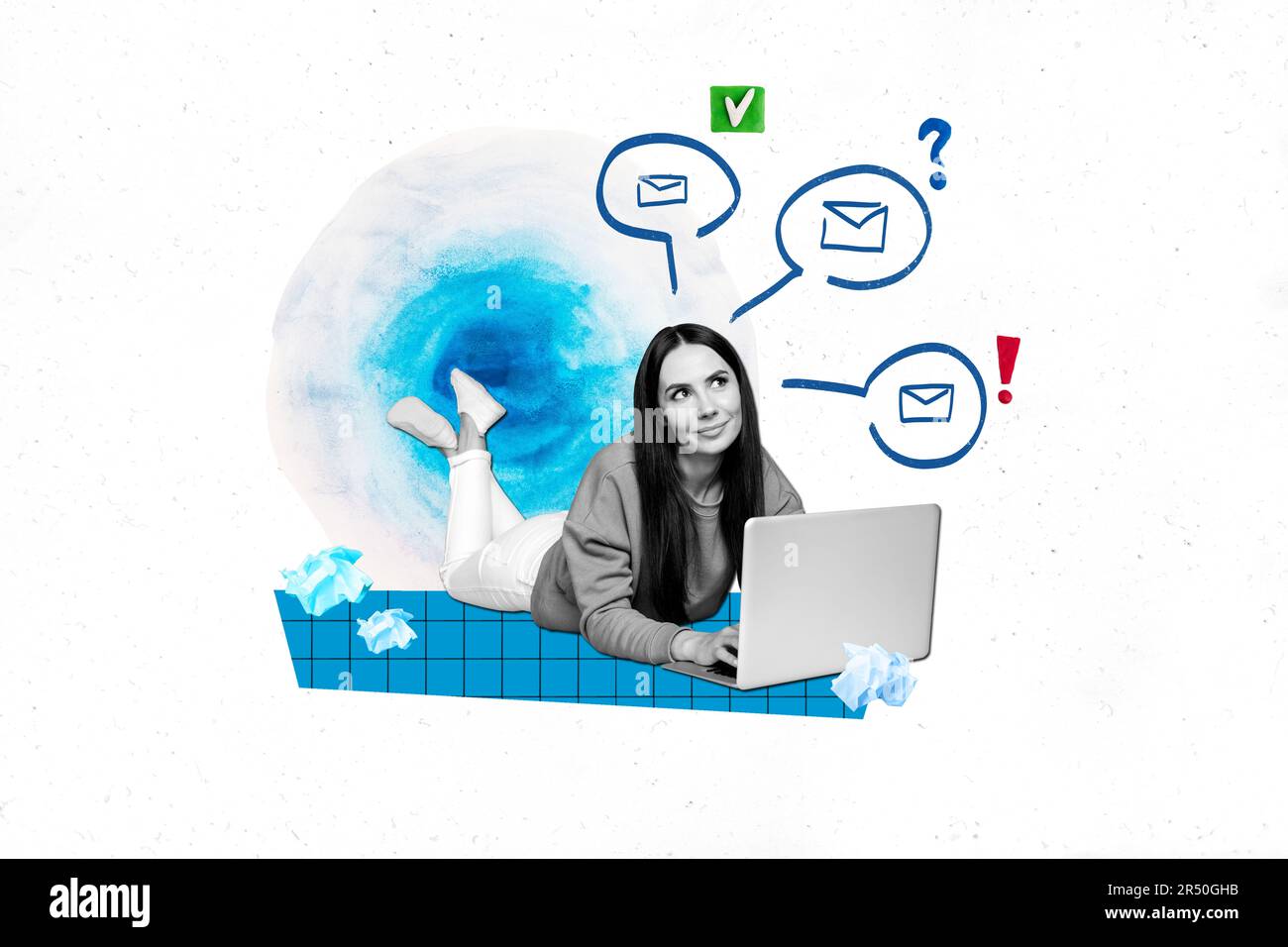 Creative photo artwork graphics collage painting of dreamy lady writing emails apple samsung ...