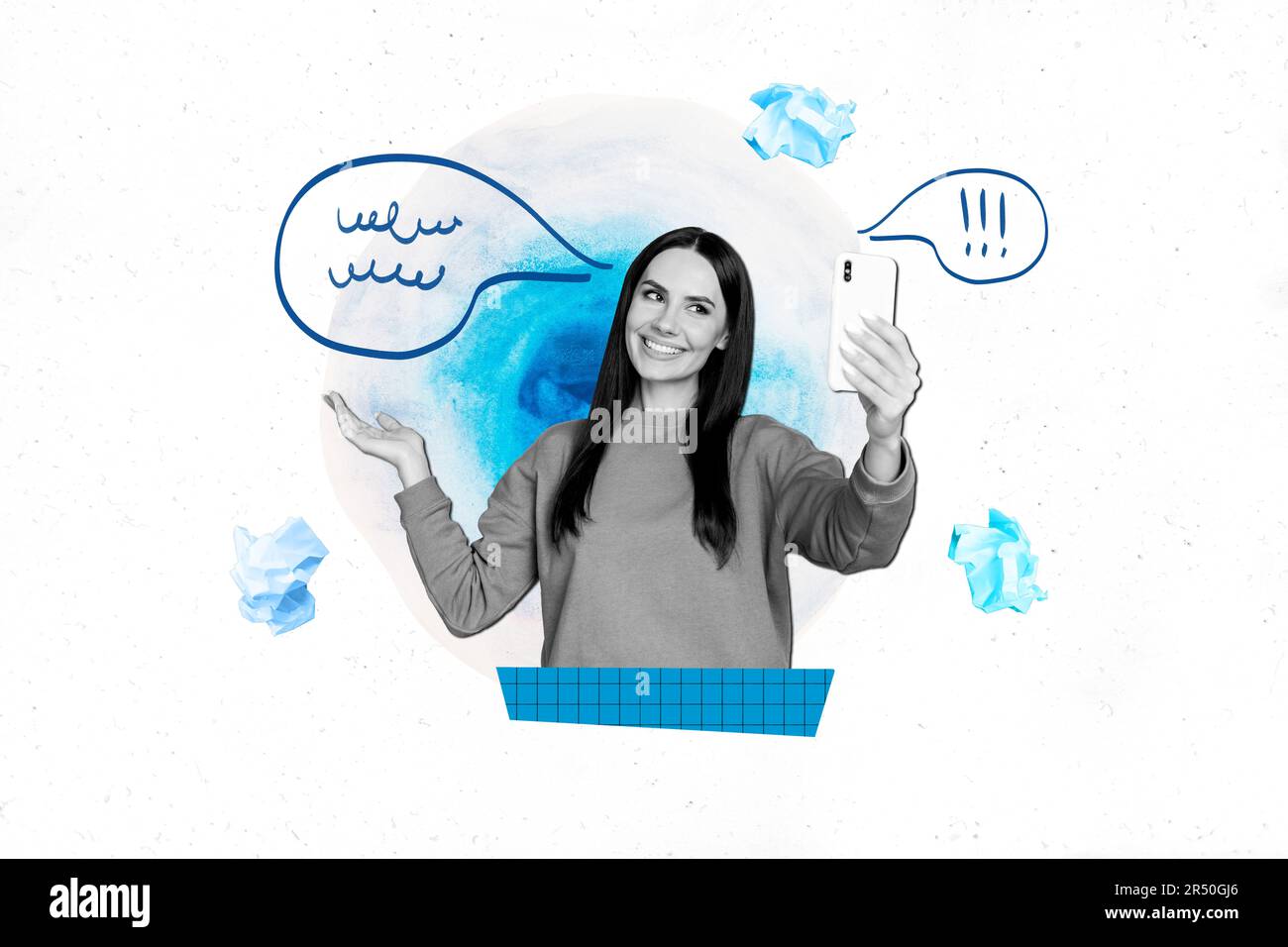 Template painting picture collage of lady vlogger have video call with ...