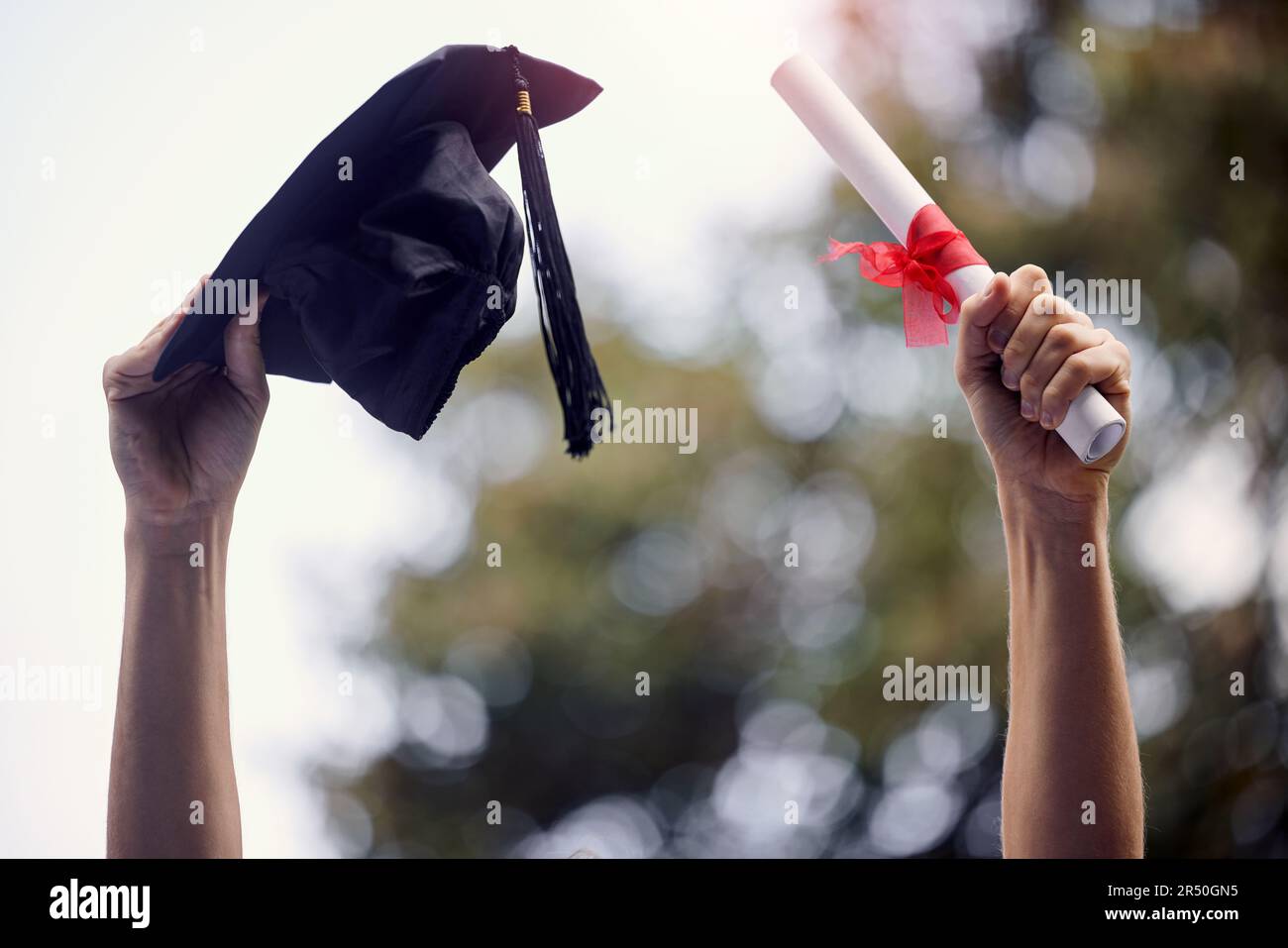 Graduate, celebrate and hands with degree and diploma at event outdoor ...