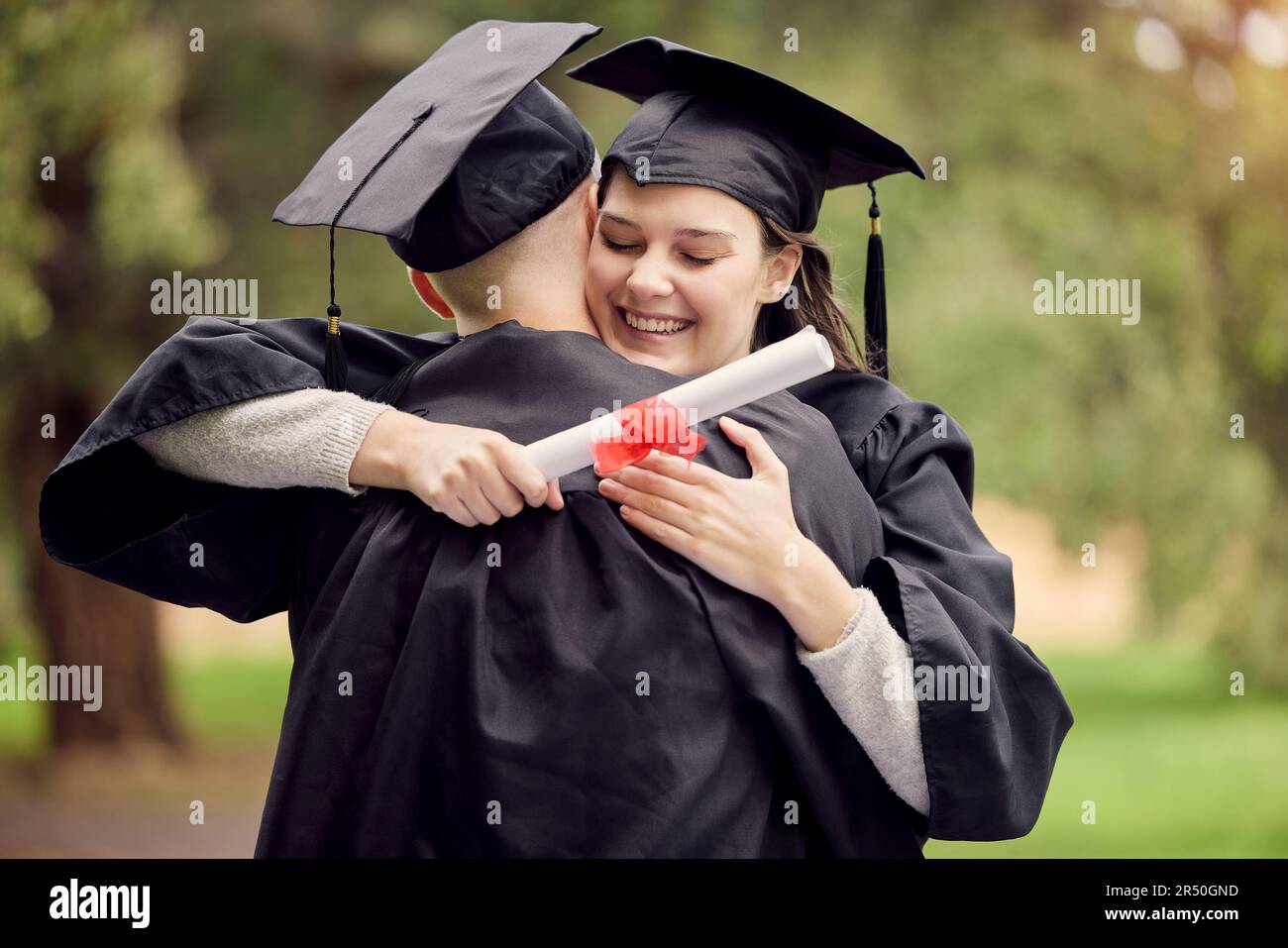 Graduation, certificate and friends hugging outdoor on university ...