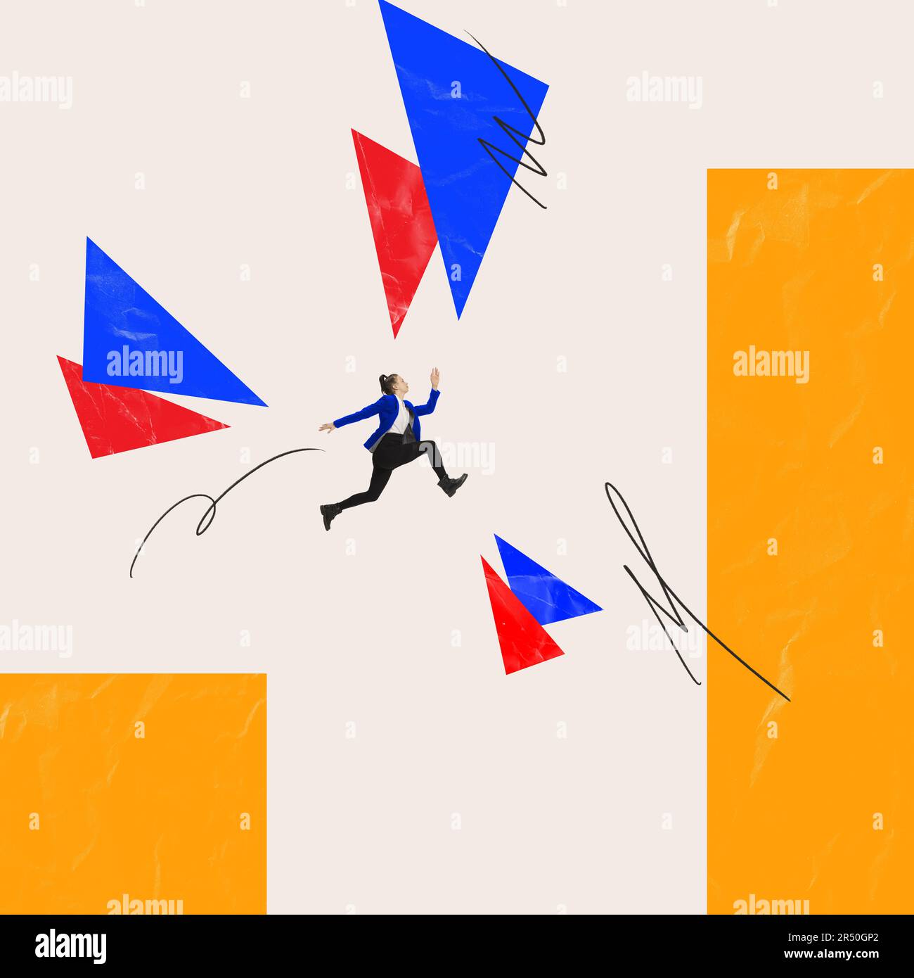 Contemporary art collage with woman, office worker jumping and ...