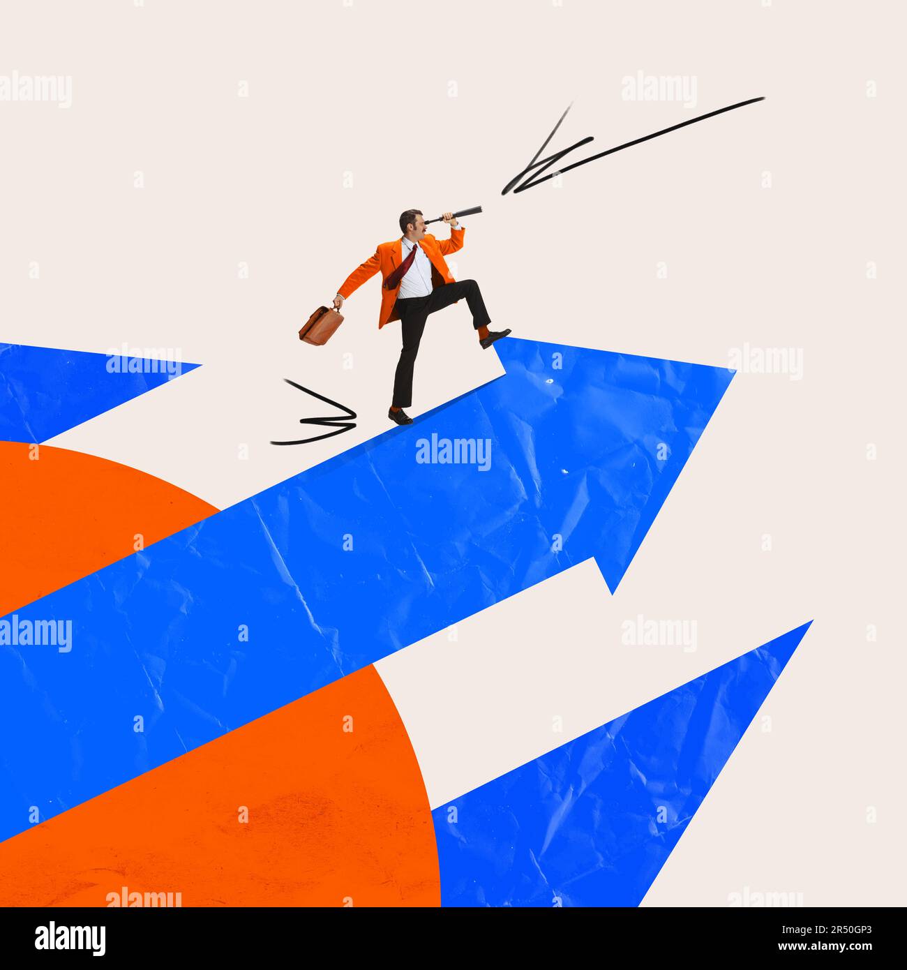 Contemporary art collage with businessman standing with spyglass and ...