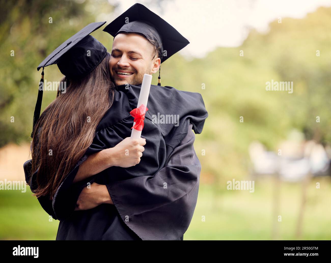 Graduation, congratulations and friends hugging outdoor on university ...
