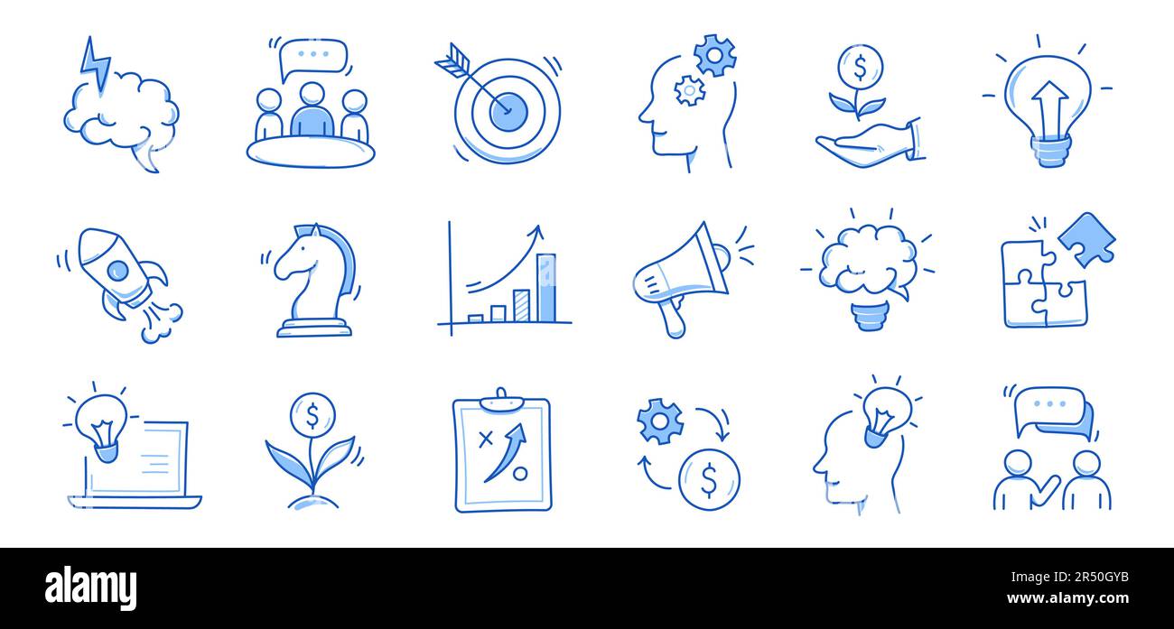 Business idea, startup doodle line icon set. Hand drawn doodle sketch line style business ...