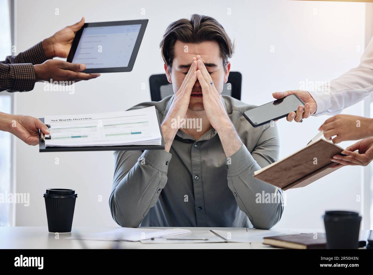 Man, business and employee with stress, multitasking or chaos with ...