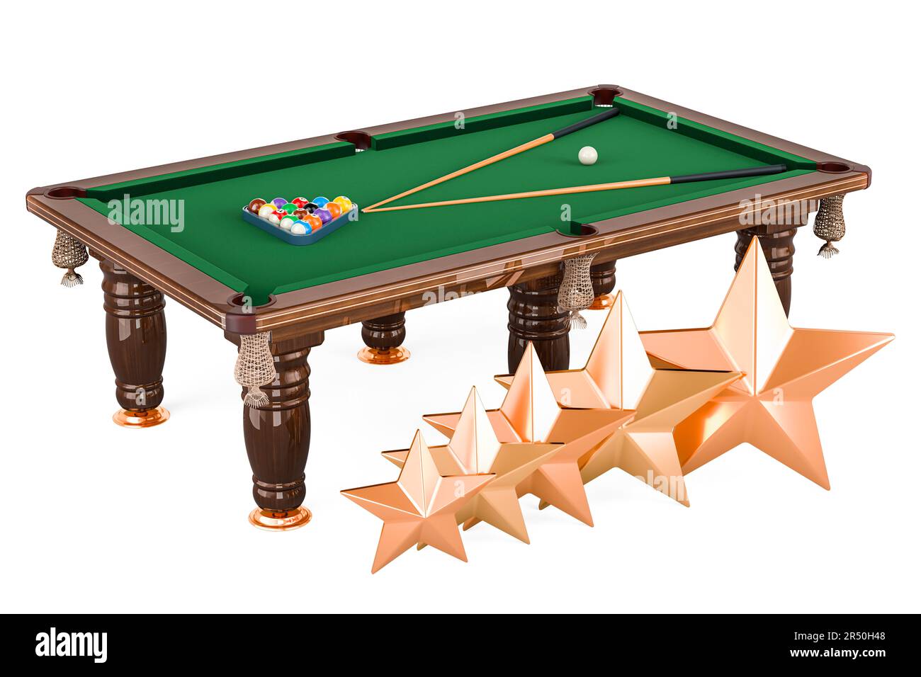 Billiard table with balls and cue with five golden stars, 3D rendering ...
