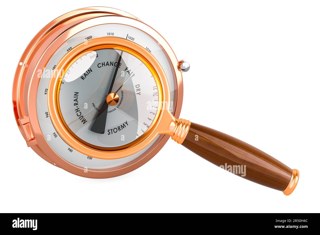 Barometer with magnifying glass. 3D rendering isolated on white ...