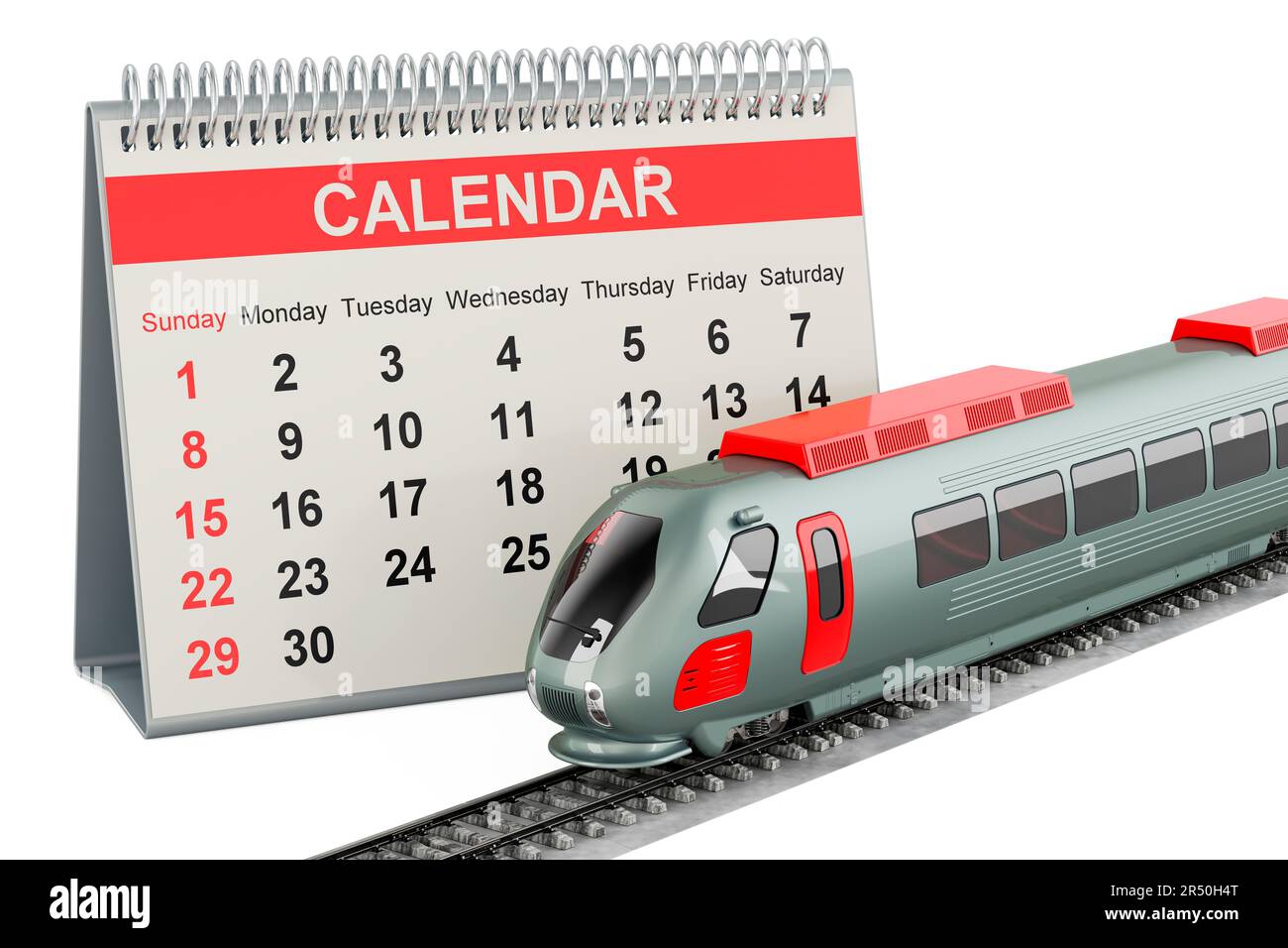 High speed train with desk calendar, 3D rendering isolated on white ...
