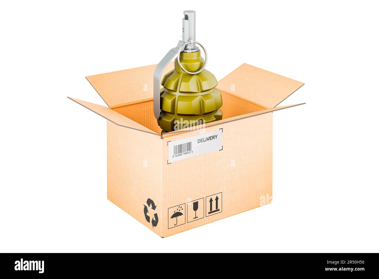 Hand grenade inside cardboard box, delivery concept, 3D rendering ...